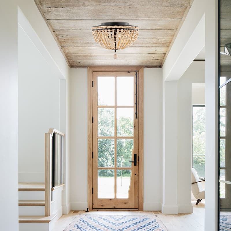 Elroy Wood Bead 15.25" 3-Light Bohemian Farmhouse Iron LED Semi Flush Mount, Oil Rubbed Bronze ...